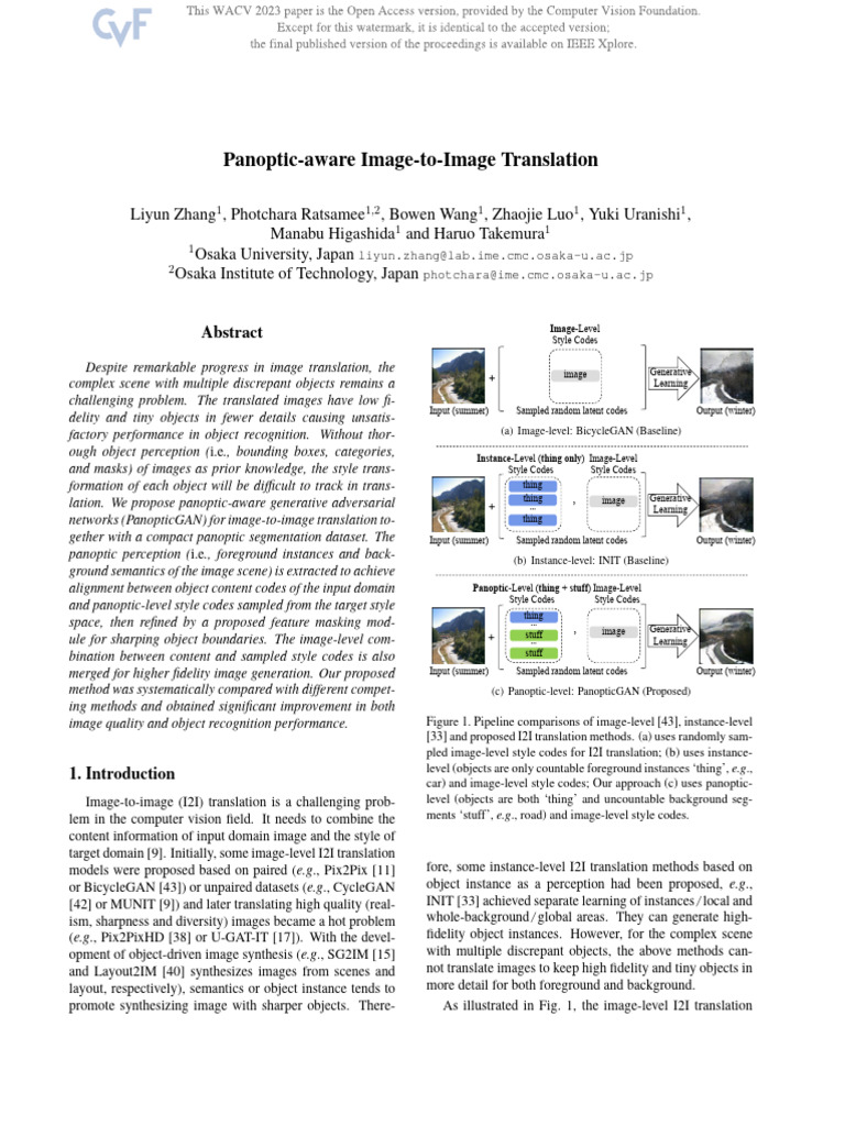 Zhang_Panoptic-Aware_Image-to-Image_Translation_WACV_2023_paper | PDF | Image Segmentation