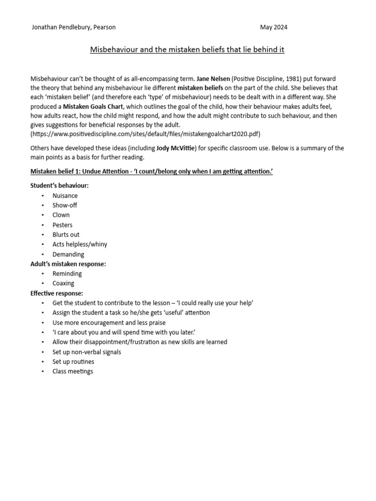 Mistaken Beliefs and Misbehaviour Handout | PDF | Psychology ...