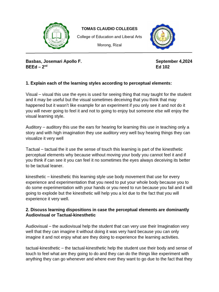 activity perceptual elements Ed 102 | PDF | Perception | Learning Styles