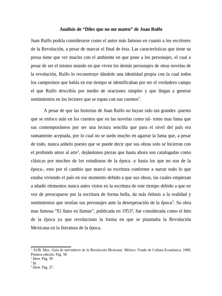 Análisis de 'Diles Que No Me Maten' de Juan Rulfo | PDF | Novelas
