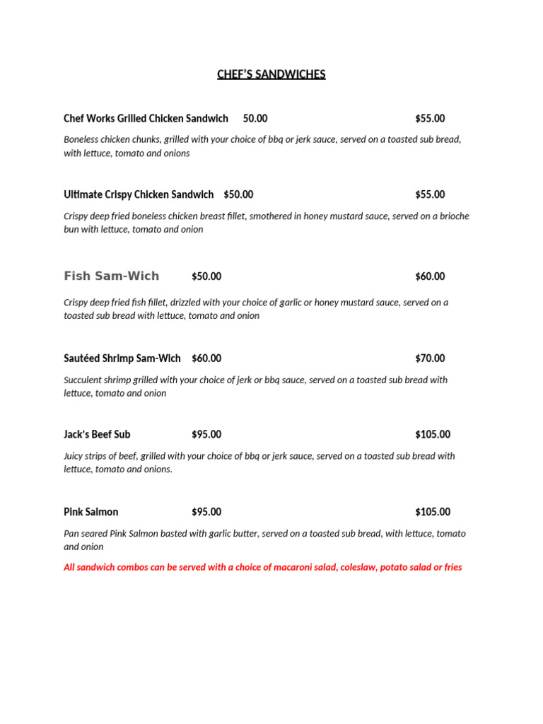 Chef Works Off D Grill Menu | PDF | Hamburgers | Pasta