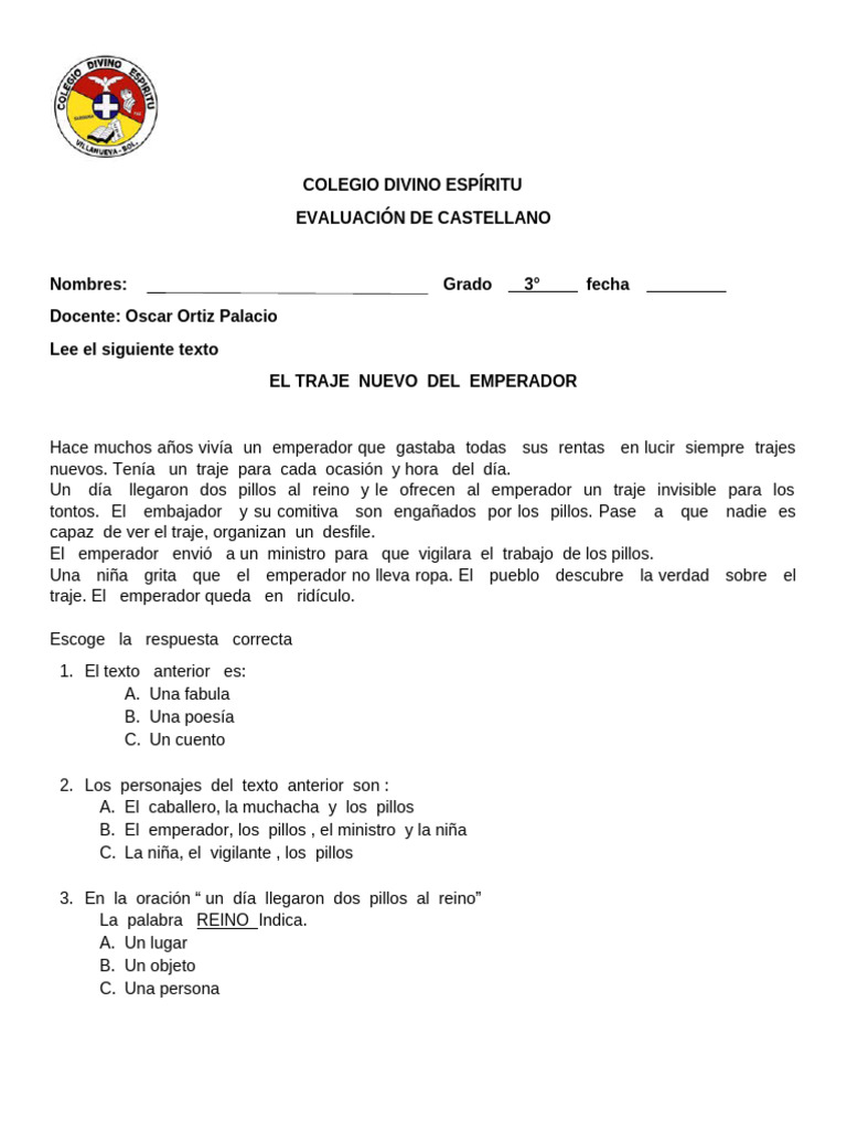 El Traje Nuevo Del Emperador Evaluacion Castellano Grado 3 | PDF ...