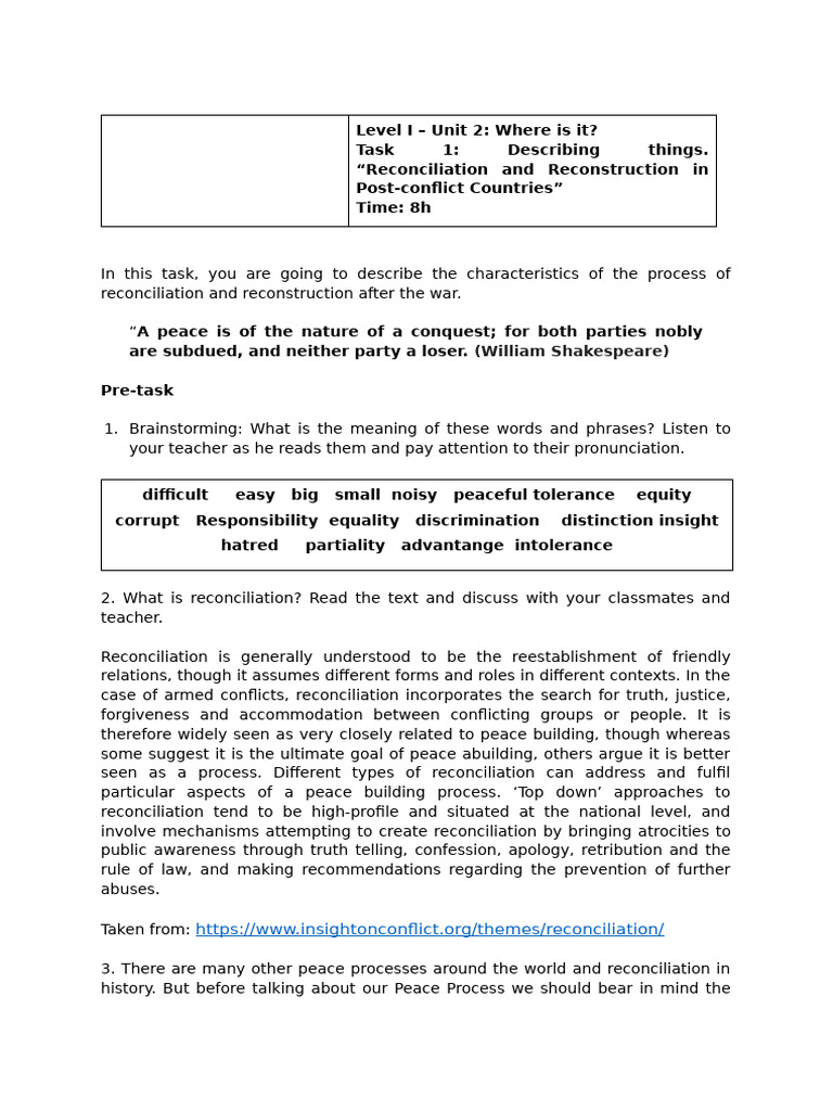 LEVEL I - TASK Reconciliation and Reconstruction | PDF | Conflict ...