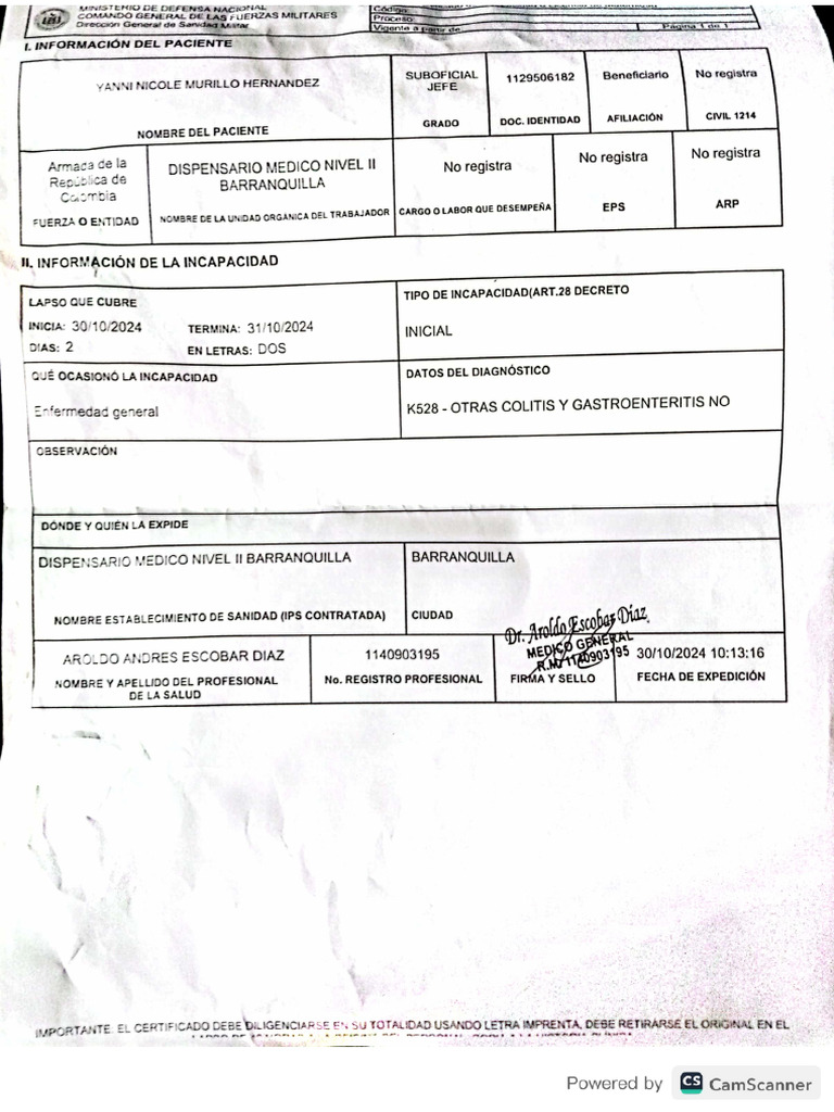 Incapacidad Médica Yanni Nicole Murillo Hernández | PDF