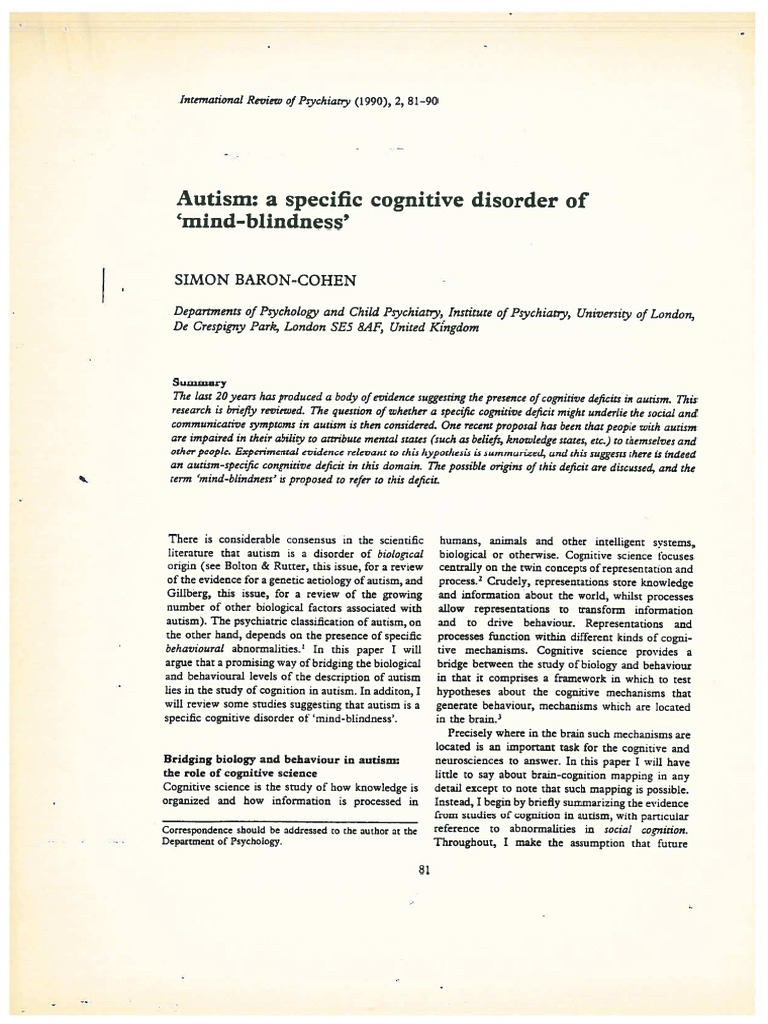 Baron-Cohen-Autism - A Specific Cognitive Disorder of 'Mind-Blindness ...