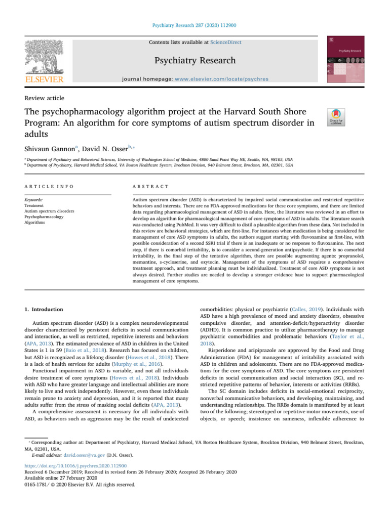 Psychiatry Research: Shivaun Gannon, David N. Osser | PDF | Autism ...