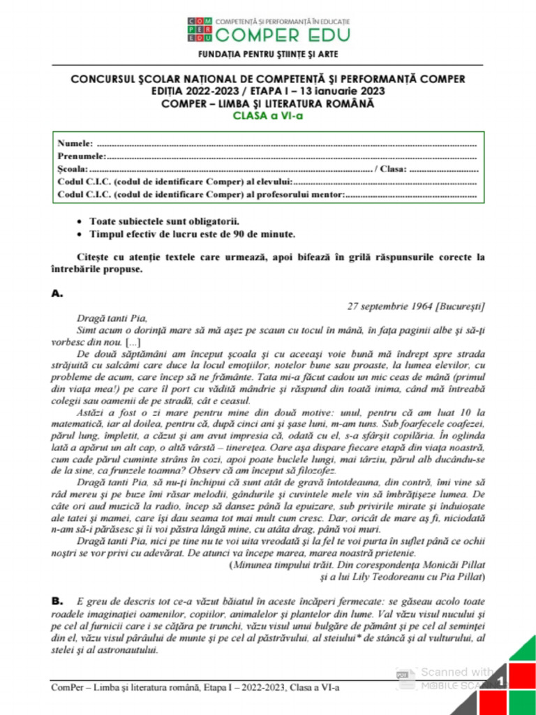 Subiecte Comper ROMANA Etapa1 2022 2023 Clasa6 PDF | PDF