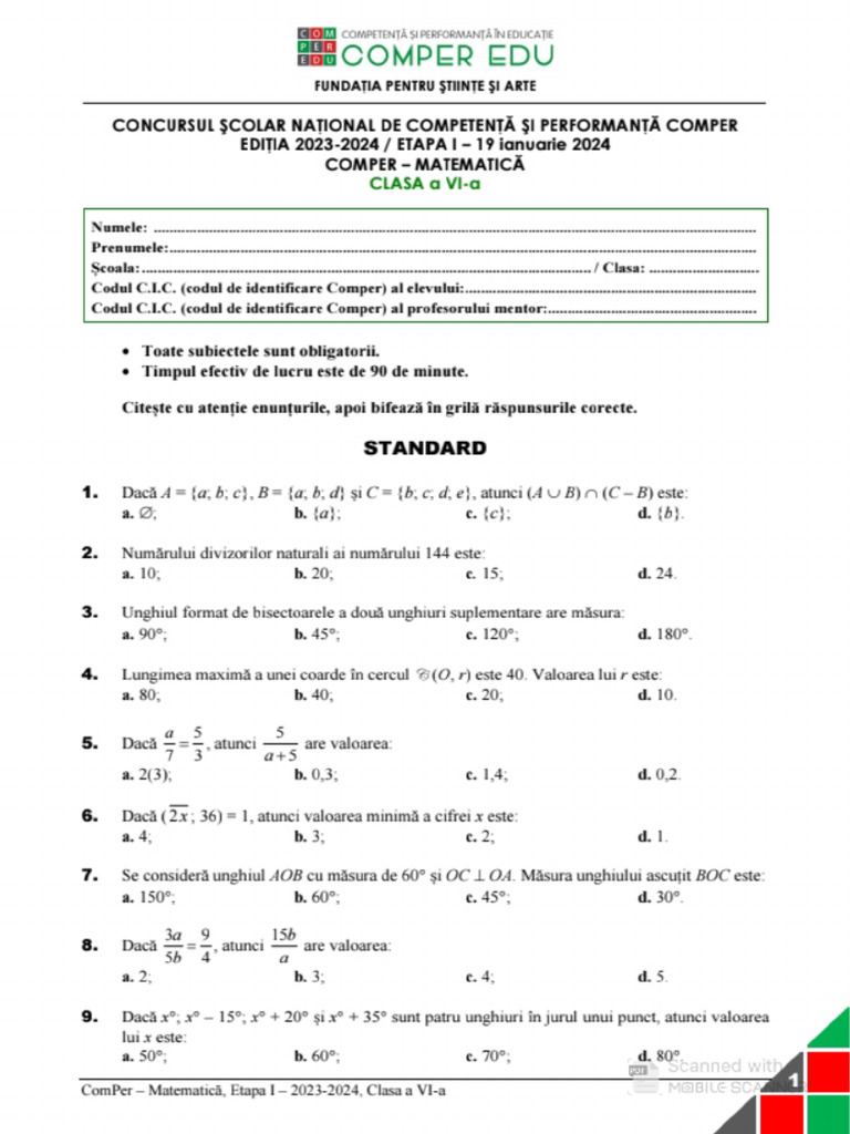 Subiect Comper Mate EtapaI 2023 2024 clasaVI PDF | PDF