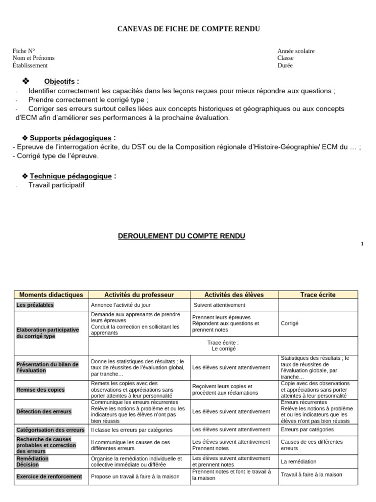 Canevas - Fiche de Compte Rendu D'une Evaluation | PDF | Pédagogie