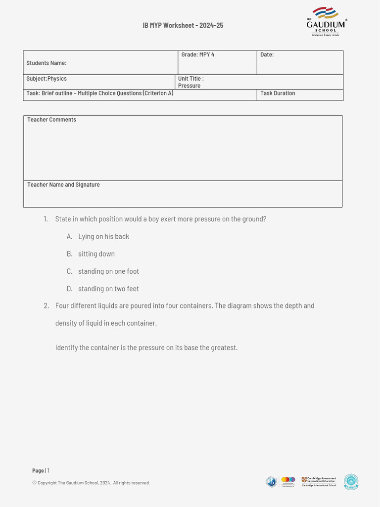 IB MYP Physics Worksheet on Pressure | PDF | Buoyancy | Pressure