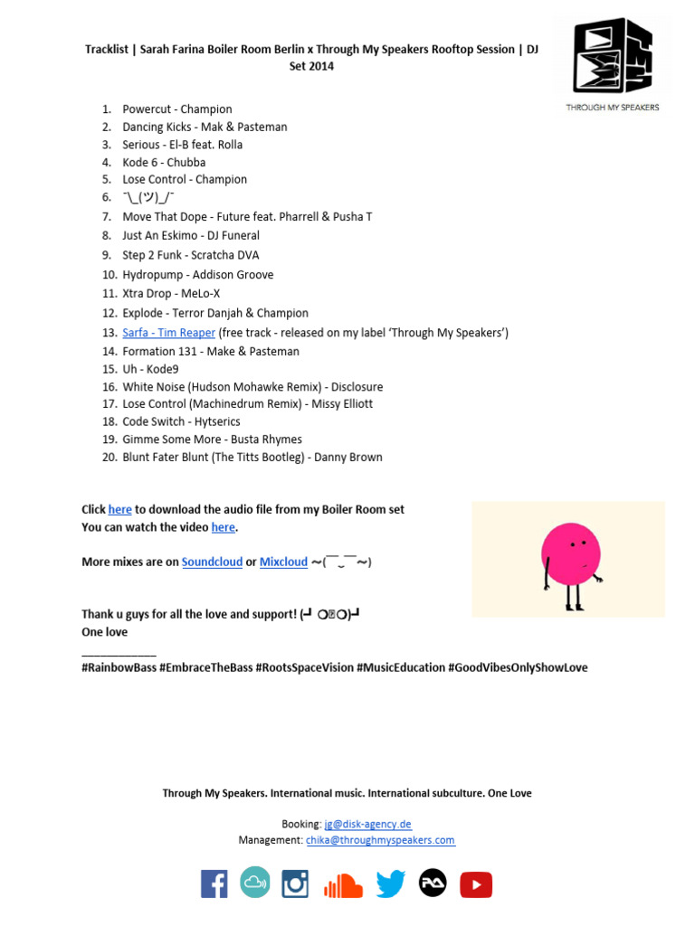 Tracklist - Sarah Farina Boiler Room Berlin X Through My Speakers ...