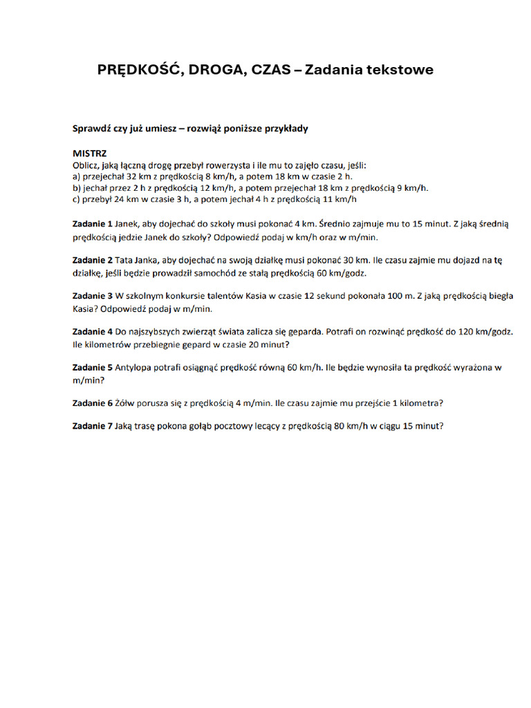 PRĘDKOŚĆ, DROGA, CZAS - Zadania tekstowe dla chętnych | PDF