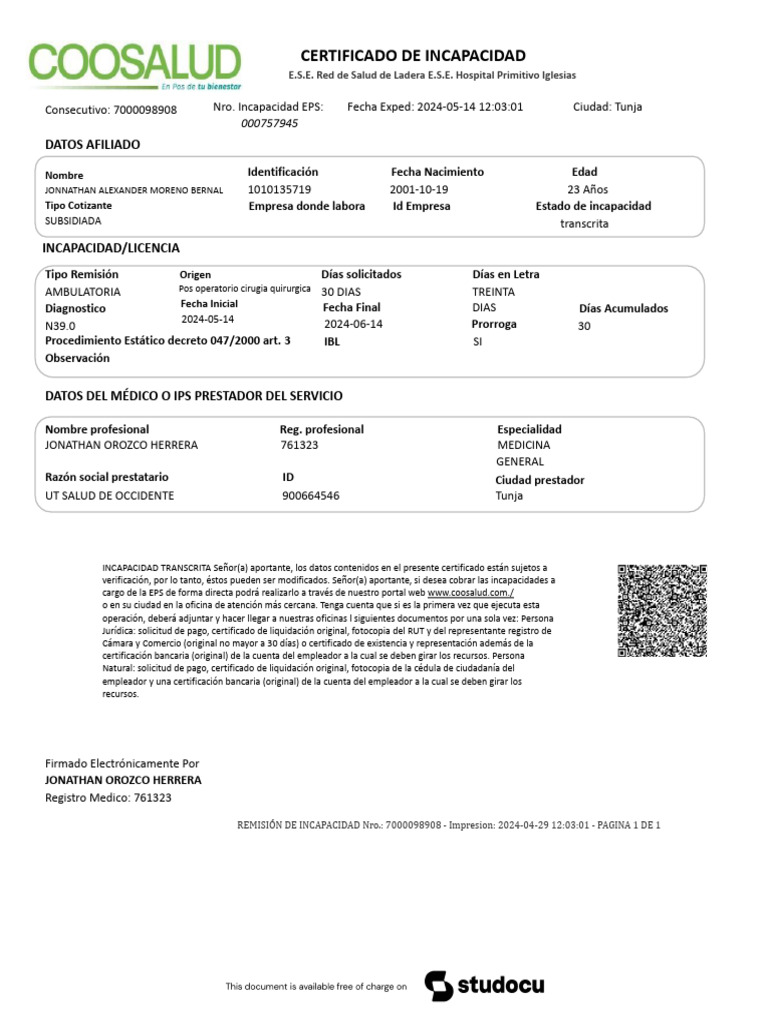 Incapacidad- Coosalud | PDF