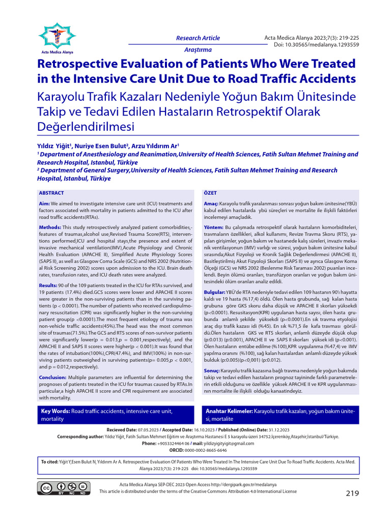 Retrospective Evaluation of Patients Who Were Treated in The Intensive Care Unit Due To Road ...