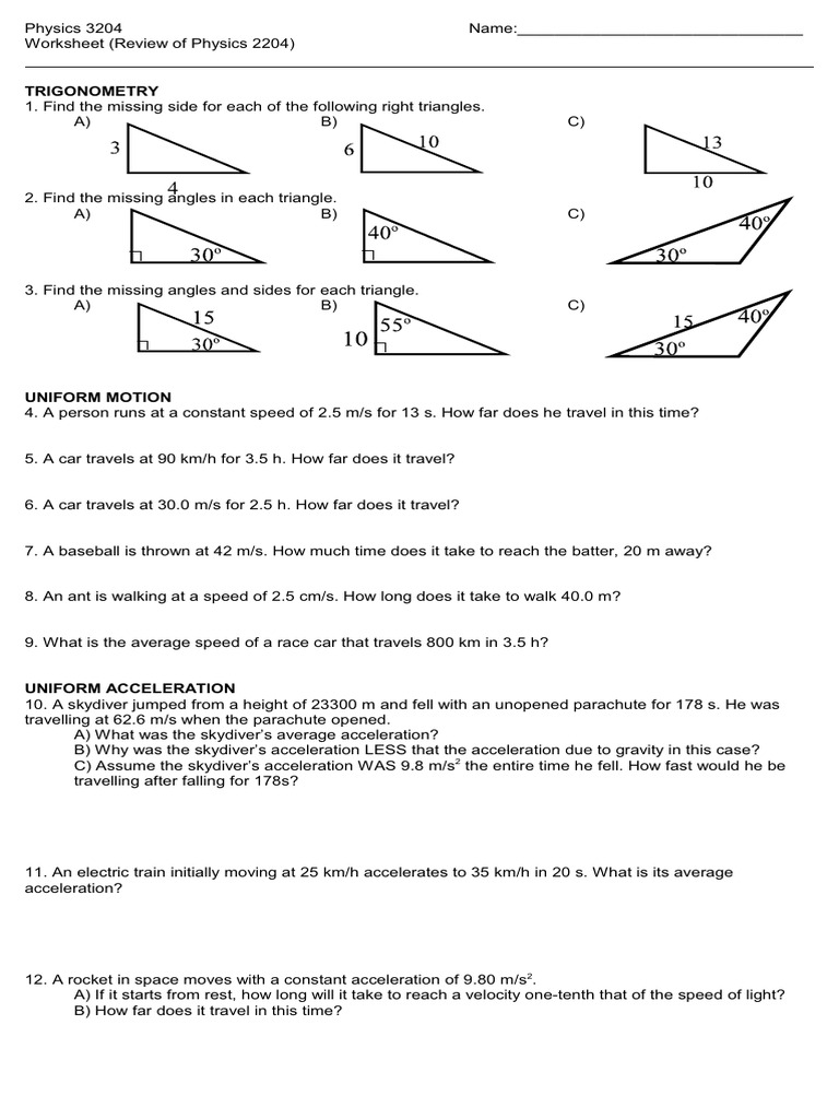 Physics 3204 Worksheet1 Review of 2204 | PDF | Parachuting | Acceleration