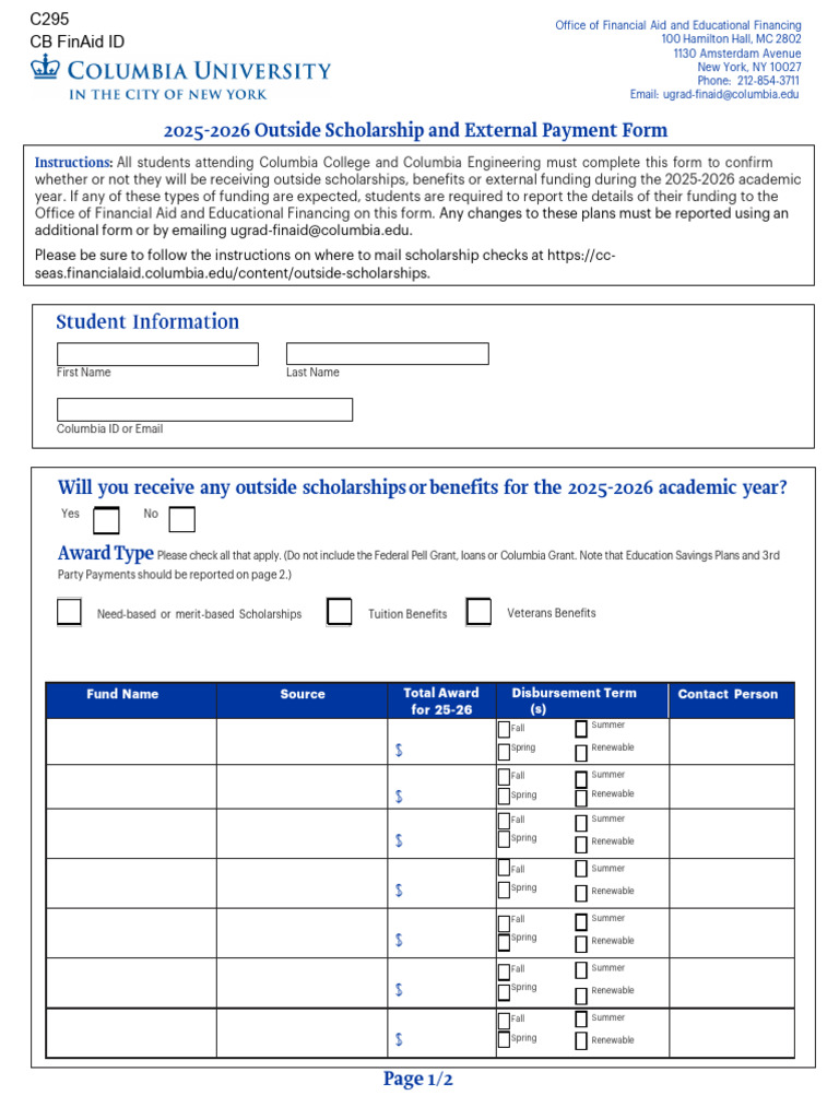 Columbia 2025-2026 Outside Scholarship Form | PDF | Student Financial ...