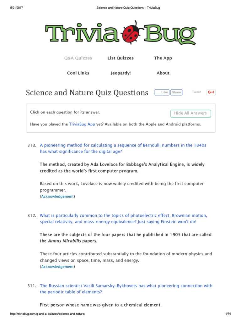 Science and Nature Quiz Questions - TriviaBug | PDF | Matter ...