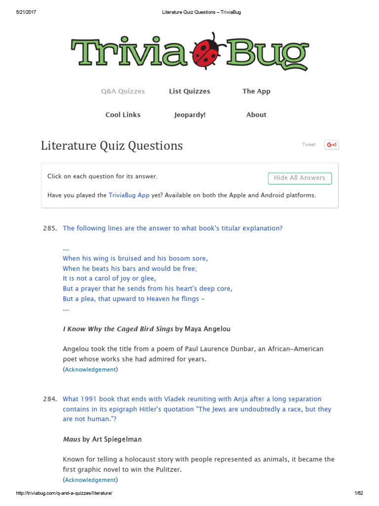 Literature Quiz Questions - TriviaBug | PDF | Mowgli