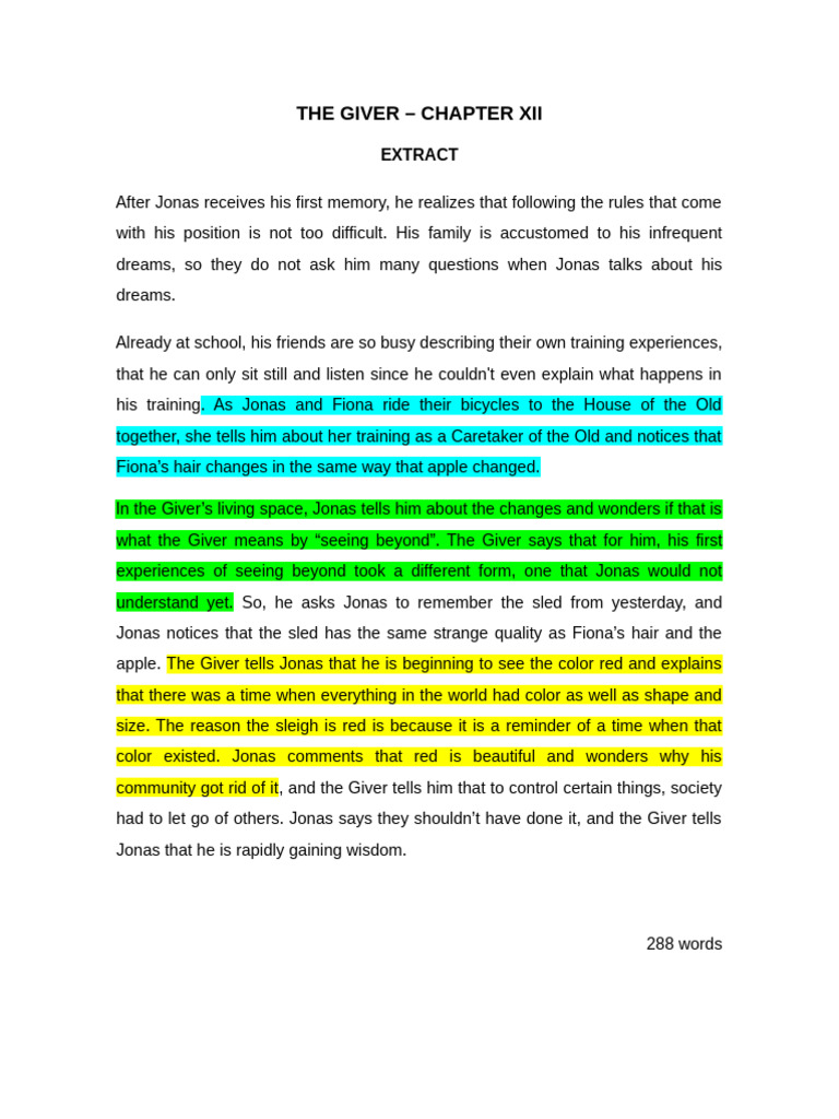 Summary of The Giver Chapter 12 | PDF