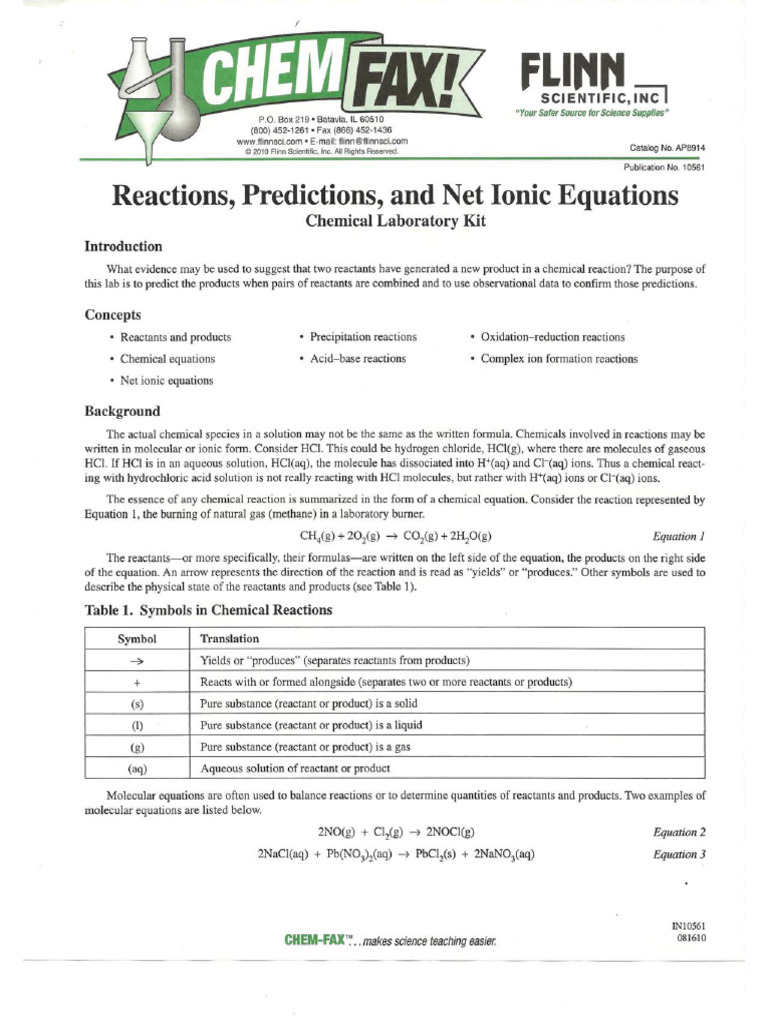 Reactions Predictions and Net Ionic Equations Lab | PDF | Chemical ...