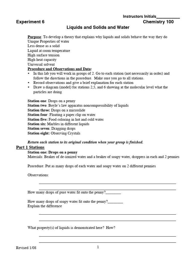 Chem 100 Lab 6 Liquids Solids and Water | PDF | Water | Liquids