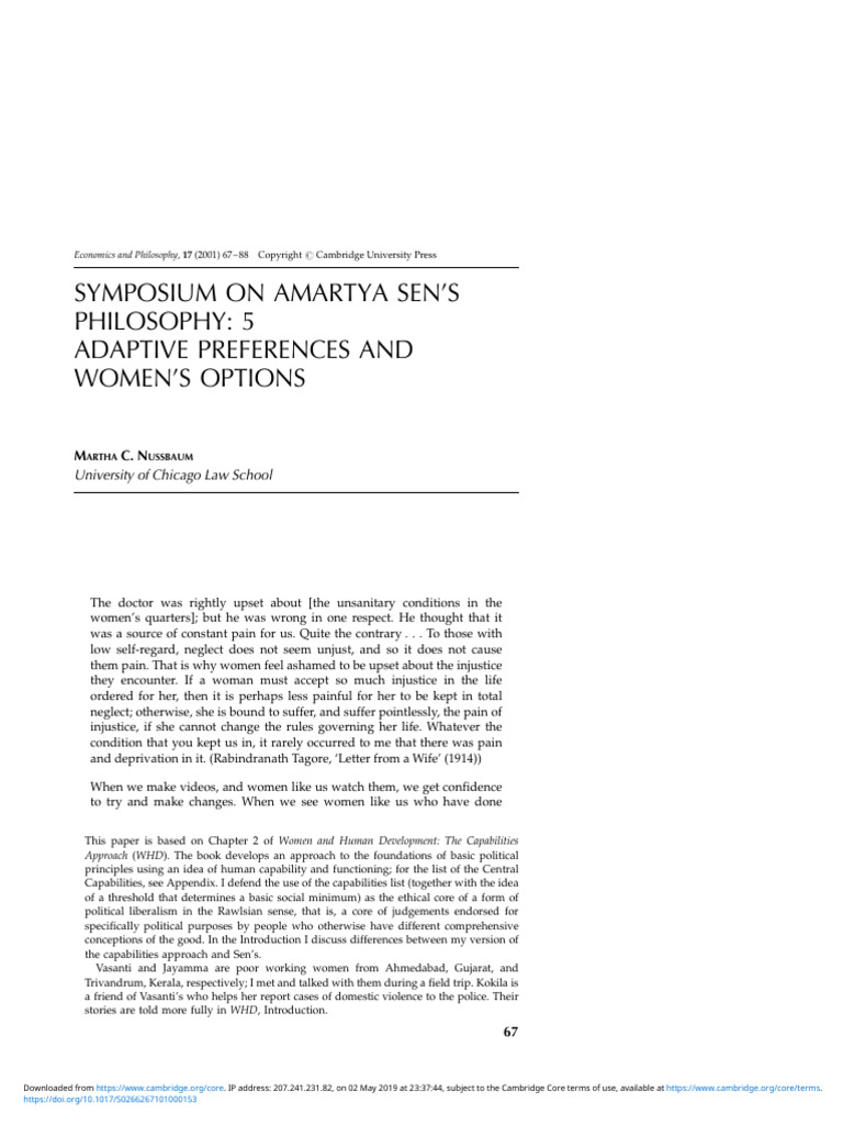 Nussbaum 2001 - Sen On Adaptive Preferences | PDF | Utilitarianism ...