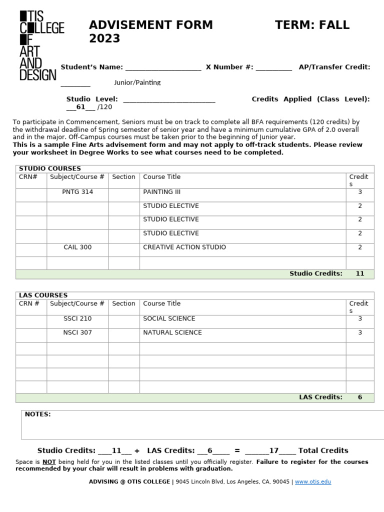 Sample Advising Form - FA23 - JUNIOR - FINA - PNTG | PDF
