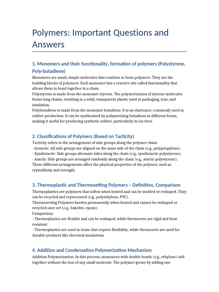 Polymers Important Questions Answers | PDF | Polymers | Thermoplastic