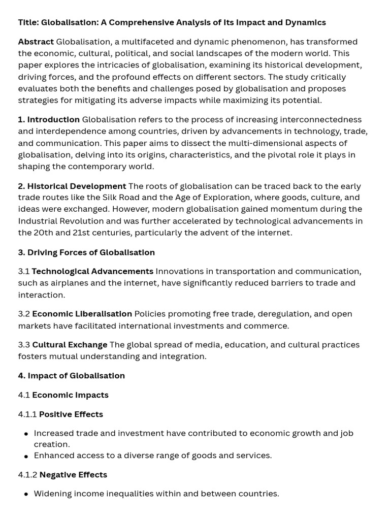 Title Globalisation A Comprehensive Analysis of Its Impact and Dynamics | PDF | Globalization ...