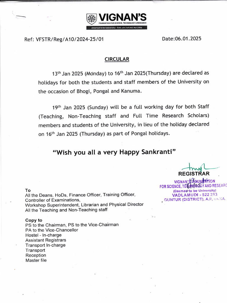 Pongal Holidays - Circular | PDF