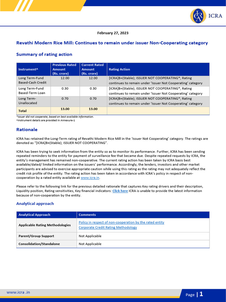 Revathi Modern Rice Mill | PDF | Credit Rating Agency | Stocks