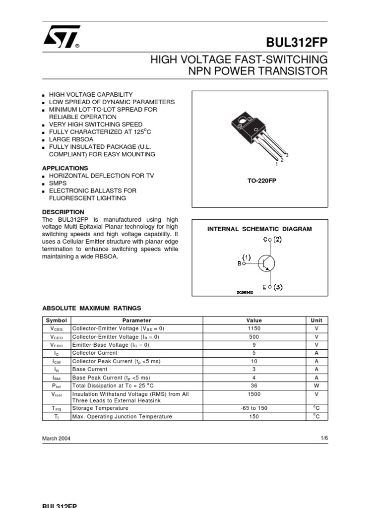 BUL312FP: High Voltage Fast-Switching NPN Power Transistor | PDF | Electrical Engineering ...