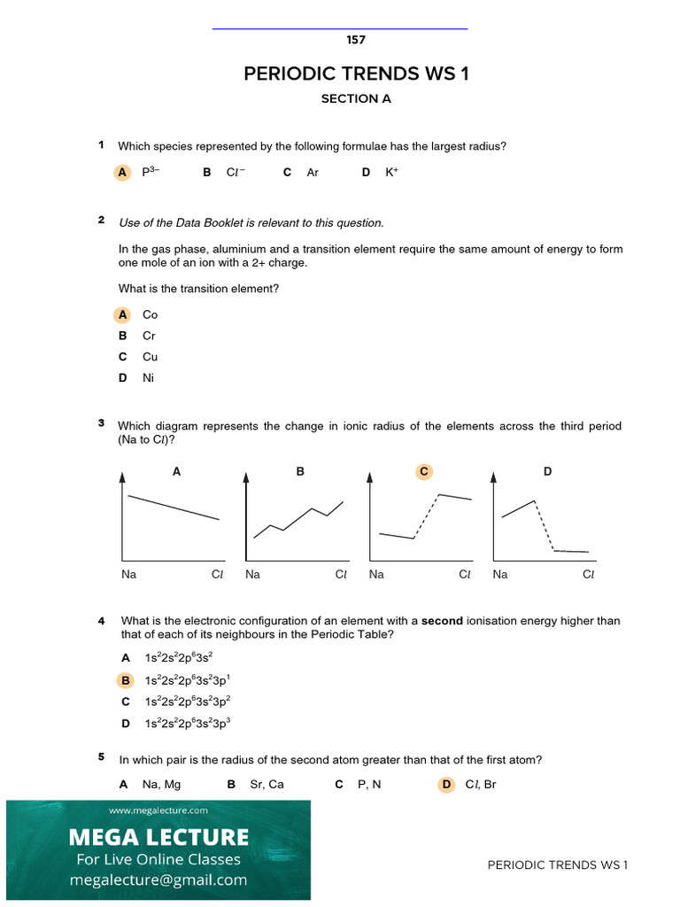 Periodic Trends Worksheet 1 | PDF | Chlorine | Nitrogen
