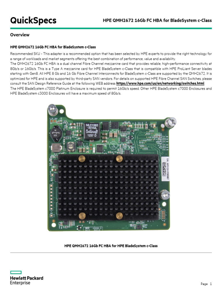 HPE QMH2672 16Gb FC HBA For BladeSystem C-Class-C04126962 | PDF | Hyper ...
