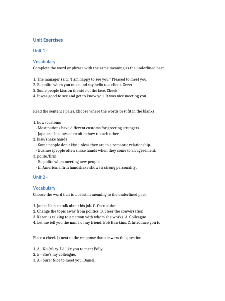 Unit Vocabulary Exercises | PDF | Employment | Kiss