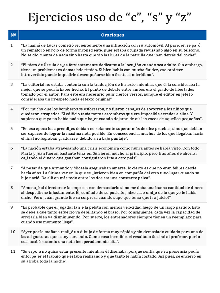 Ejercicios de ortografía: uso de "c", "s" y "z" | PDF