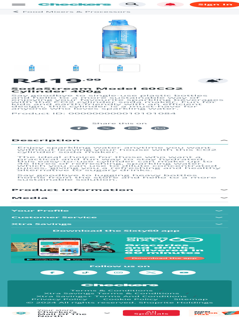 SodaStream Model 60CO2 Cylinder 400g Food Mixers & Processors Food Preparation Appliances ...