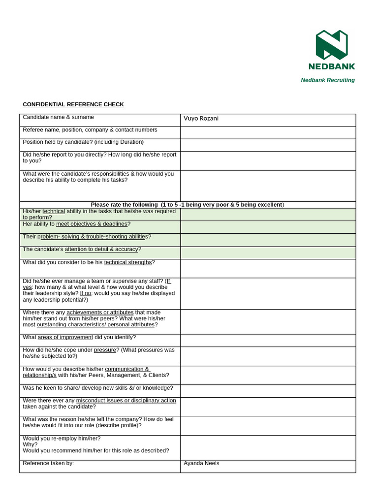 Nedbank Candidate Reference Check Form | PDF