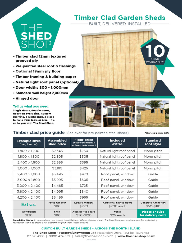 The Shed Shop JUNE 2022 Price Guide Timber Clad Garden Sheds | PDF | Shed | Roof