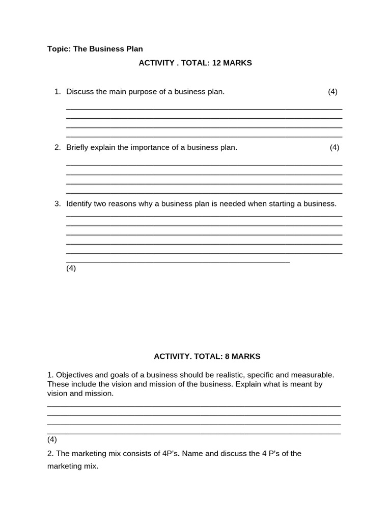 BUSINESS PLAN ACTIVITIES | PDF