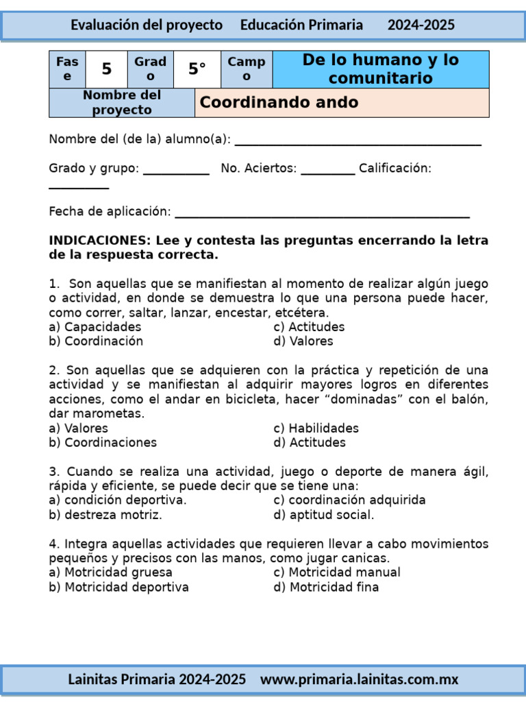 5º? Enero Examen 06 Coordinando Ando (2024-2025) | PDF | Aprendizaje | Ciencia cognitiva
