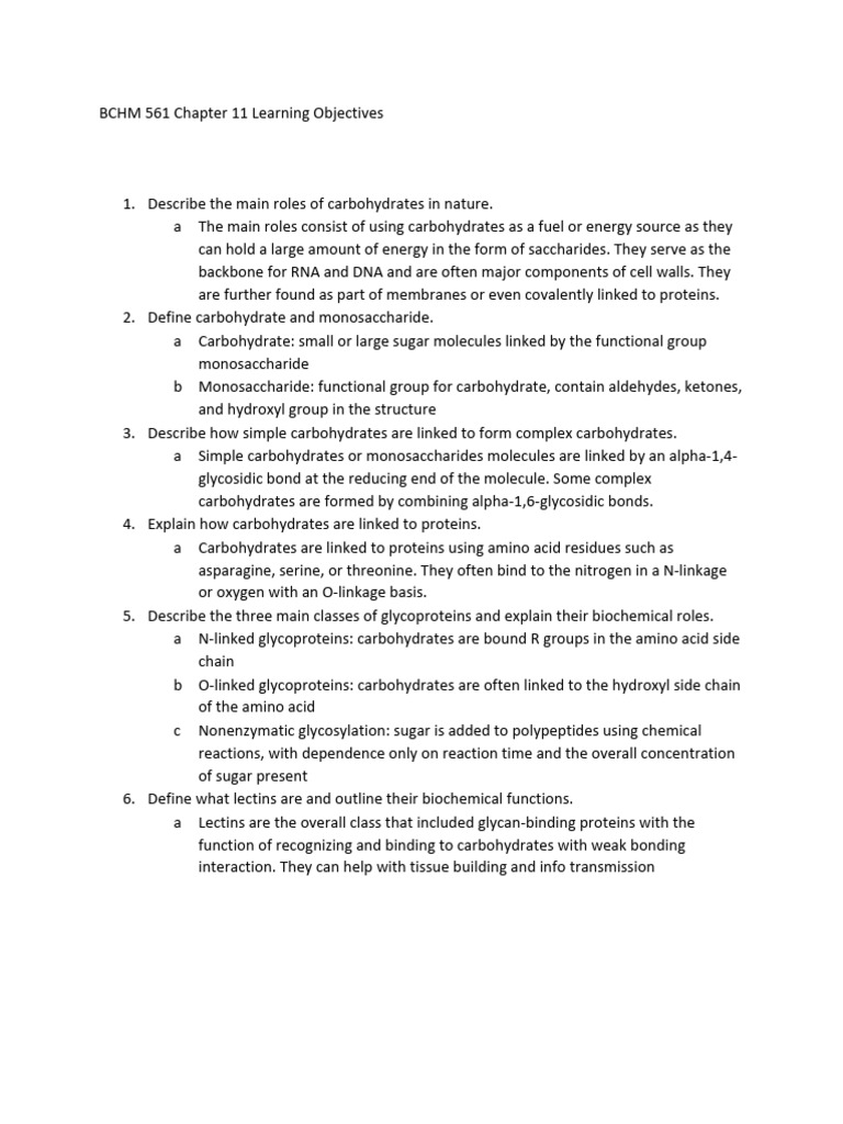 Biochem 561 Chapter 11 Learning Objectives | PDF