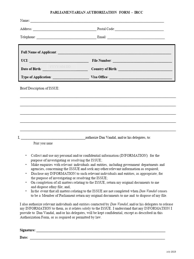 Parliamentarian Authorization Form Fillable | PDF | Justice | Crime & Violence