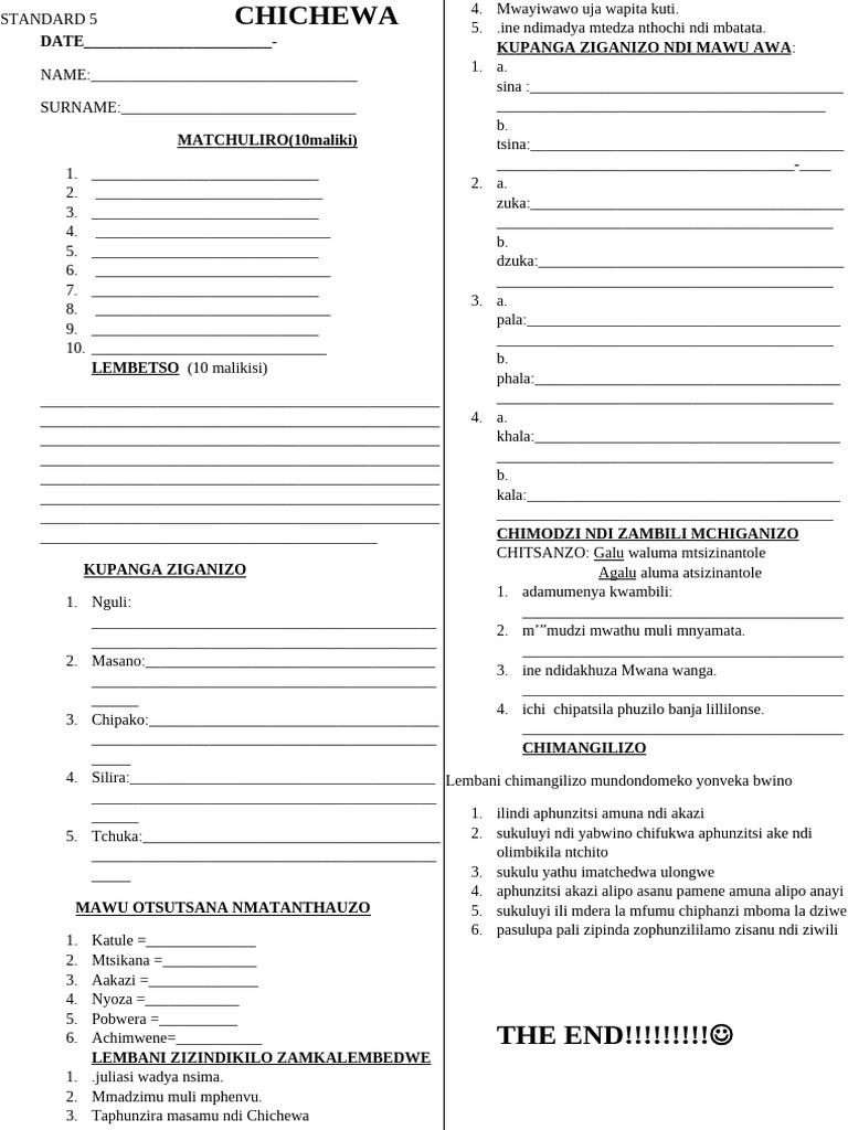 Standard 5 Chichewa Date | PDF
