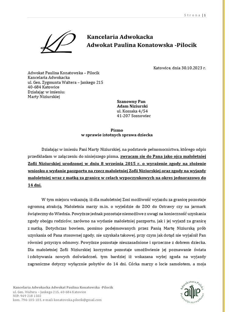 Pismo W Sprawie Istotnych Spraw Dziecka | PDF
