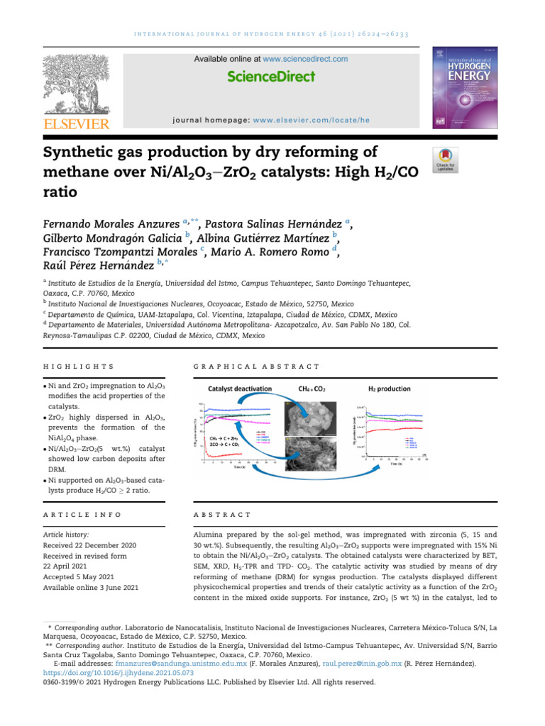 Synthetic Gas Production by Dry Reforming of Methane Over Ni Al2O3ZrO2 ...