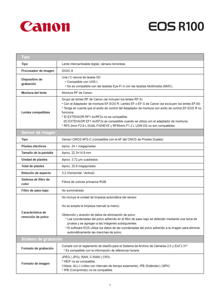 EOS R100 Spec Sheet | PDF | Exposición (fotografía) | Ieee 802.11