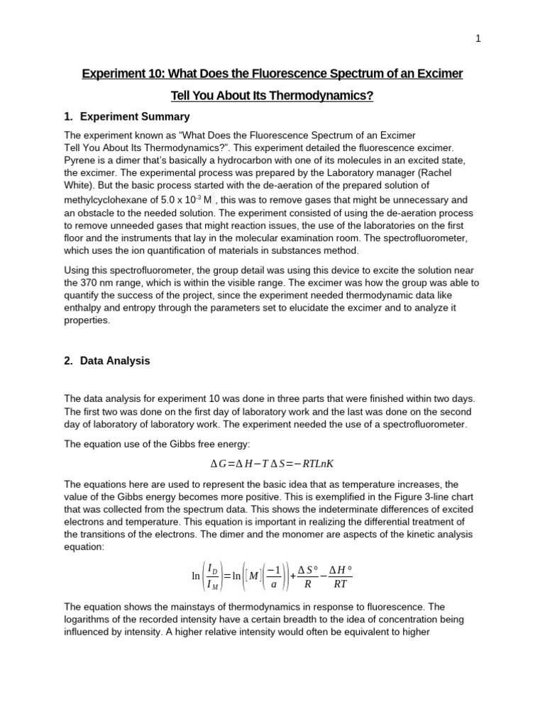 Experiment 10 What Does The Fluorescence Spectrum of An Excimer Tell You About Its ...