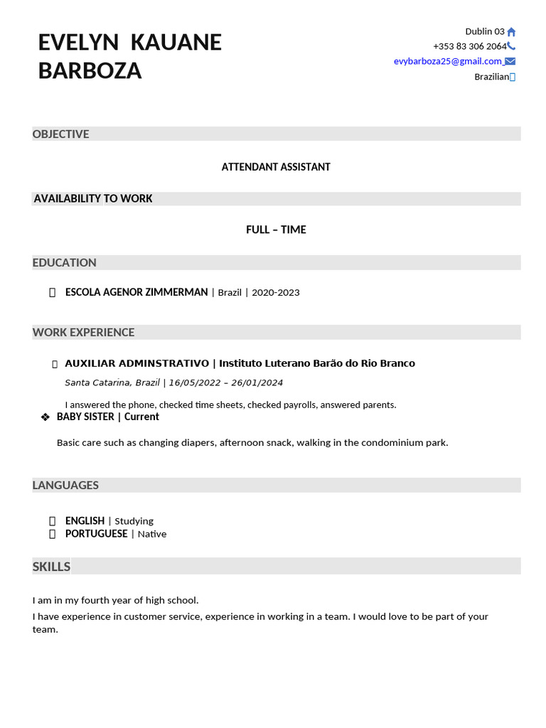 Brazilian Attendant Assistant Resume | PDF
