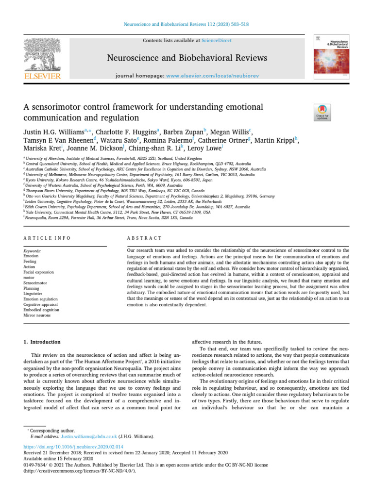 A Sensorimotor Control Framework for Understanding 2020 Neuroscience Biobe | PDF | Emotions ...